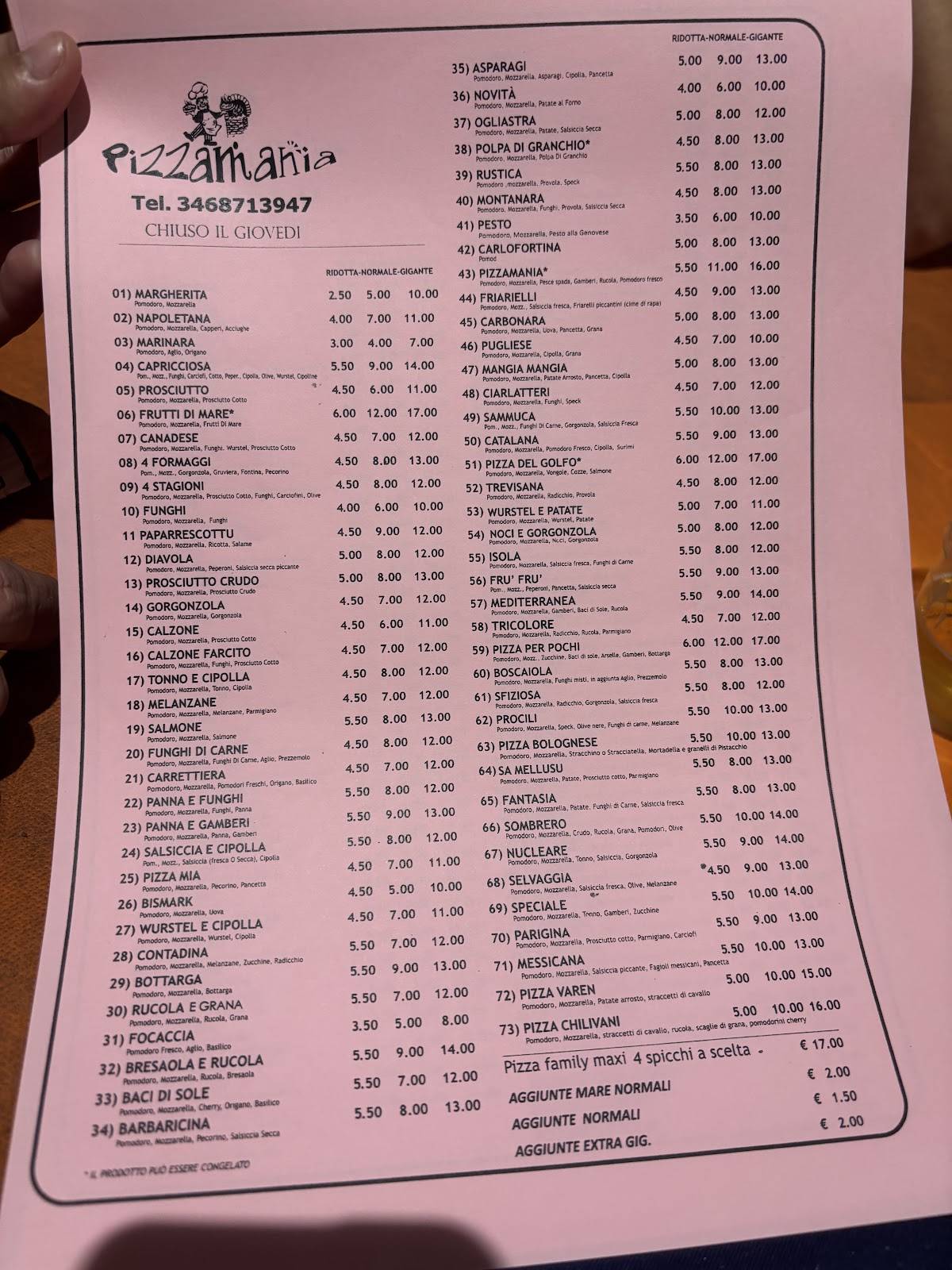Menu at Pizzamania restaurant, Pula