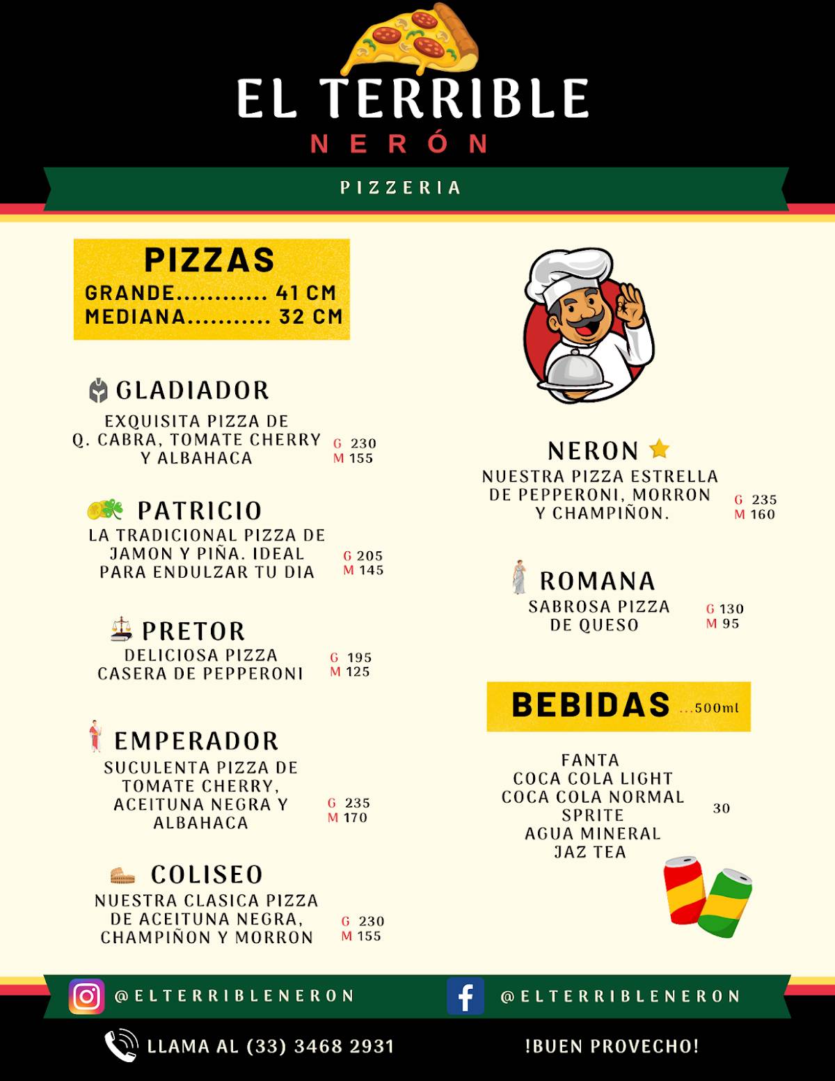 Carta de Pizzería El Terrible Nerón, Zapopan