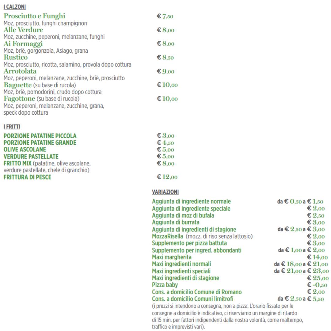 Menu da Basilico Pizza pizzeria, Romano D'ezzelino