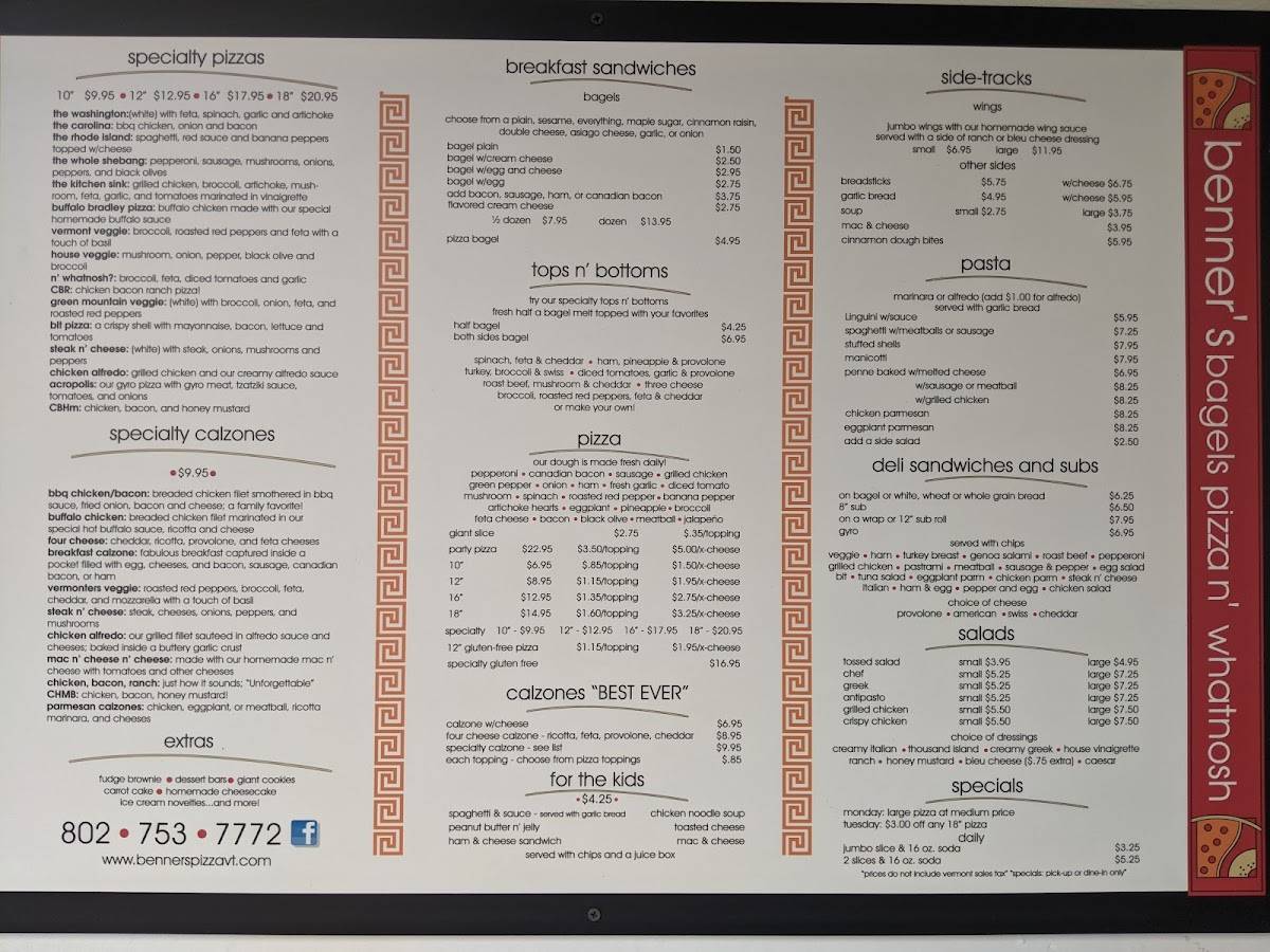 Menu at Benner's Bagels Pizza N' What Nosh pizzeria, Bennington