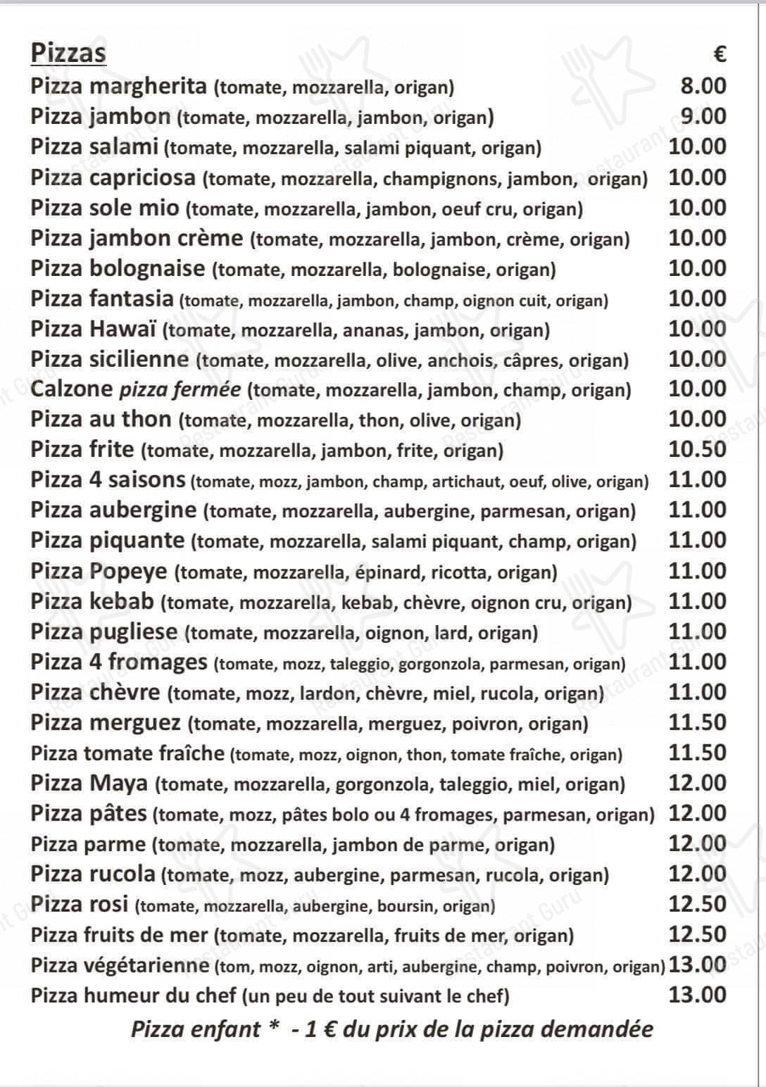 Menu at Pizzeria Chez Toto, Soumagne