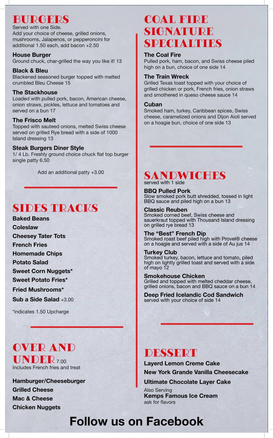 Menu at Coal Fire Grill & Tap pizzeria, Labadie