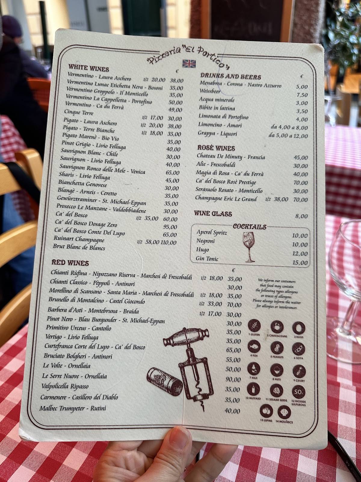 Menu at Pizzeria El Portico, Portofino