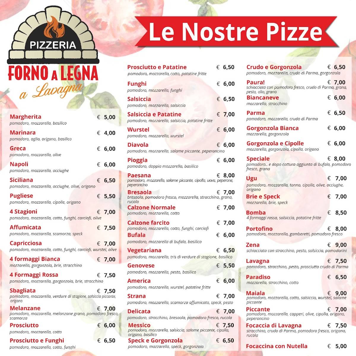 Menu da Pizzeria Forno a Legna, Lavagna