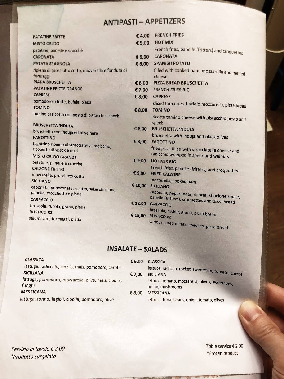 Menu da Frida pizzeria, Palermo