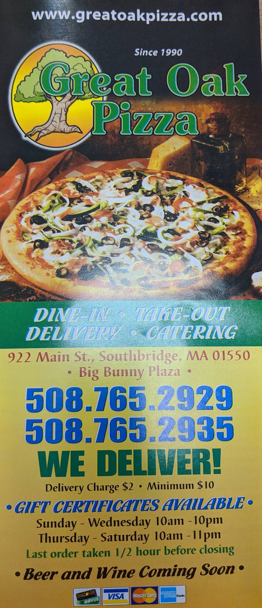 Menu at Great Oak Pizza pizzeria, Southbridge