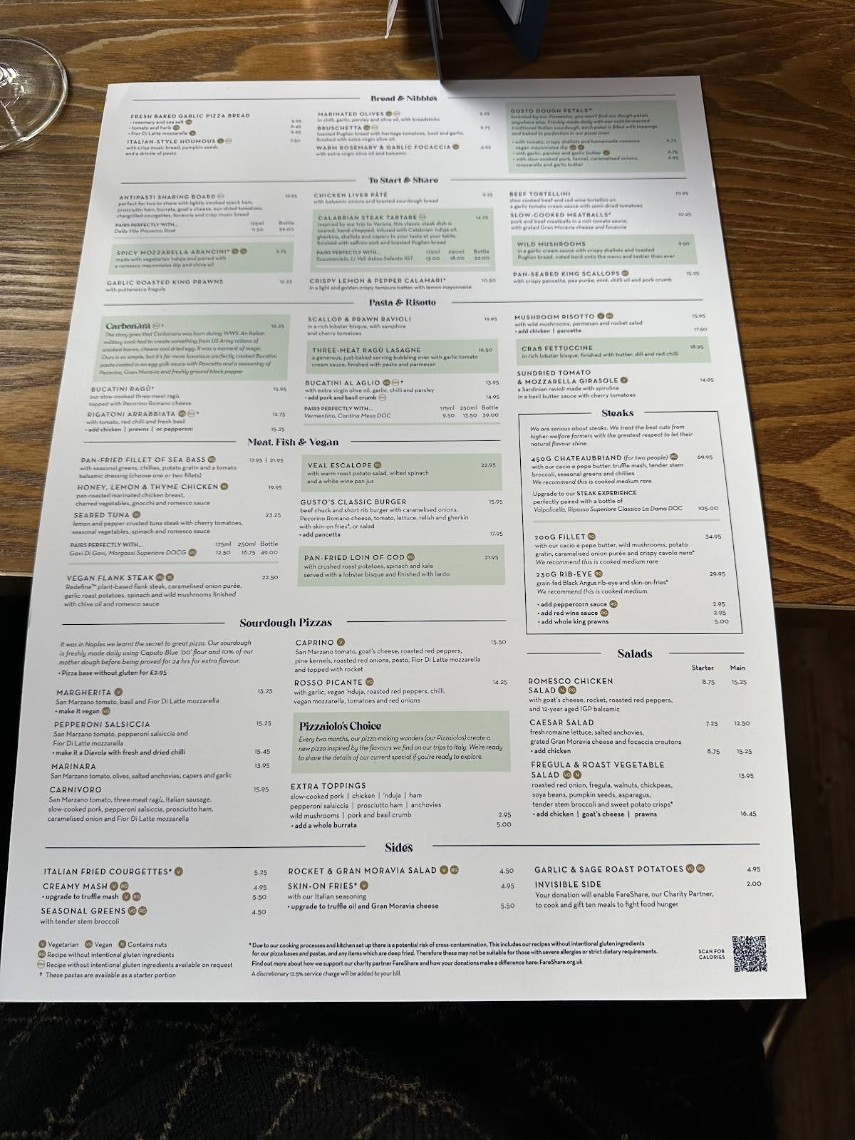 Menu at Gusto Italian pizzeria, Oxford