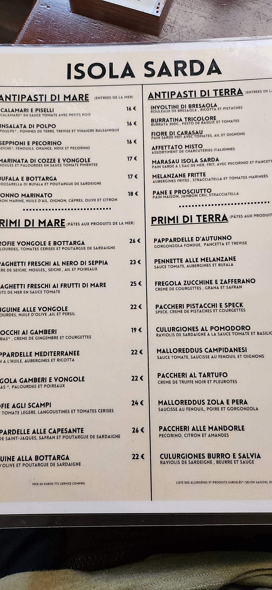 Menu au Isola Sarda Paris pizzeria, Paris