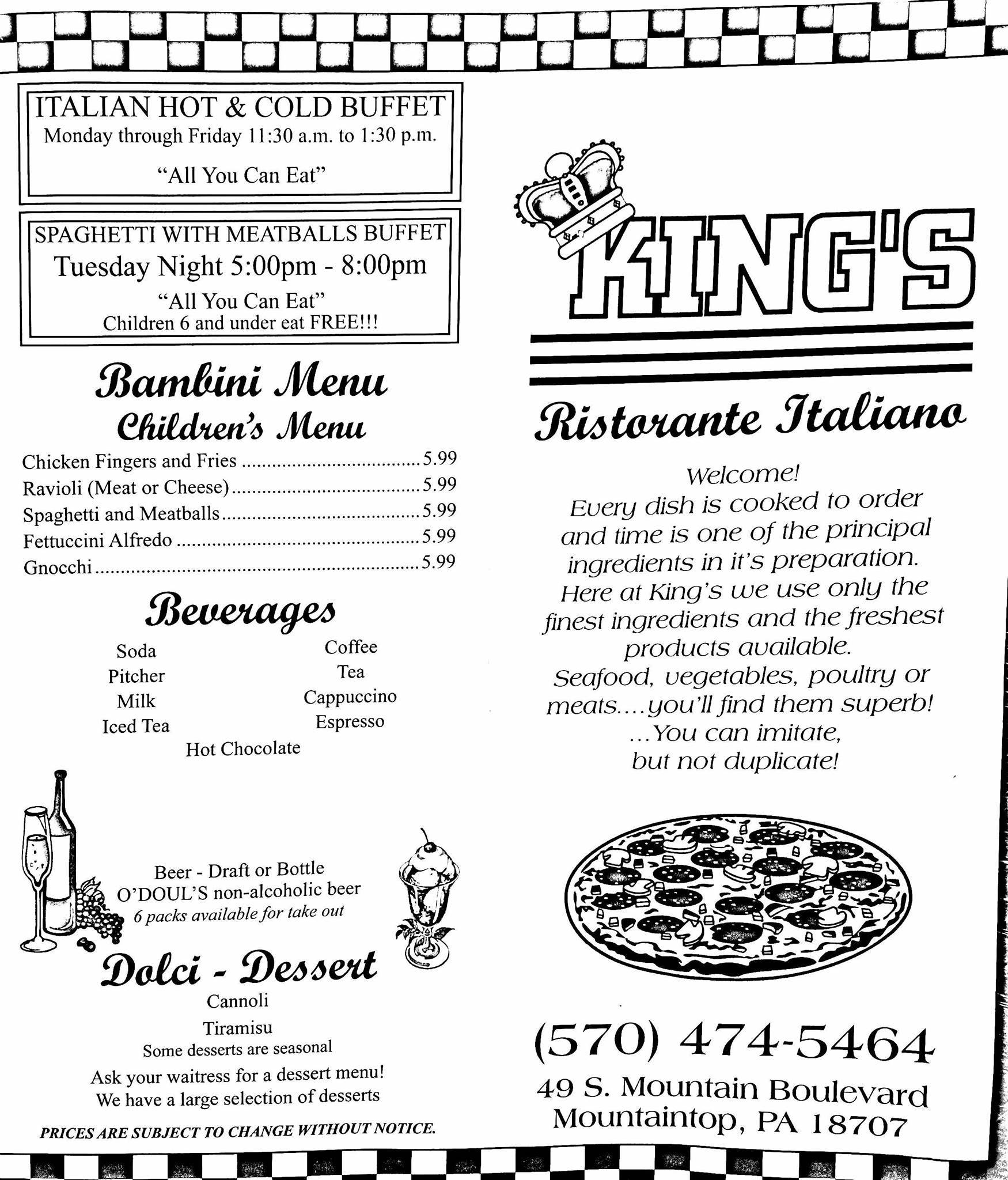 Menu at King's pizzeria, Mountain Top
