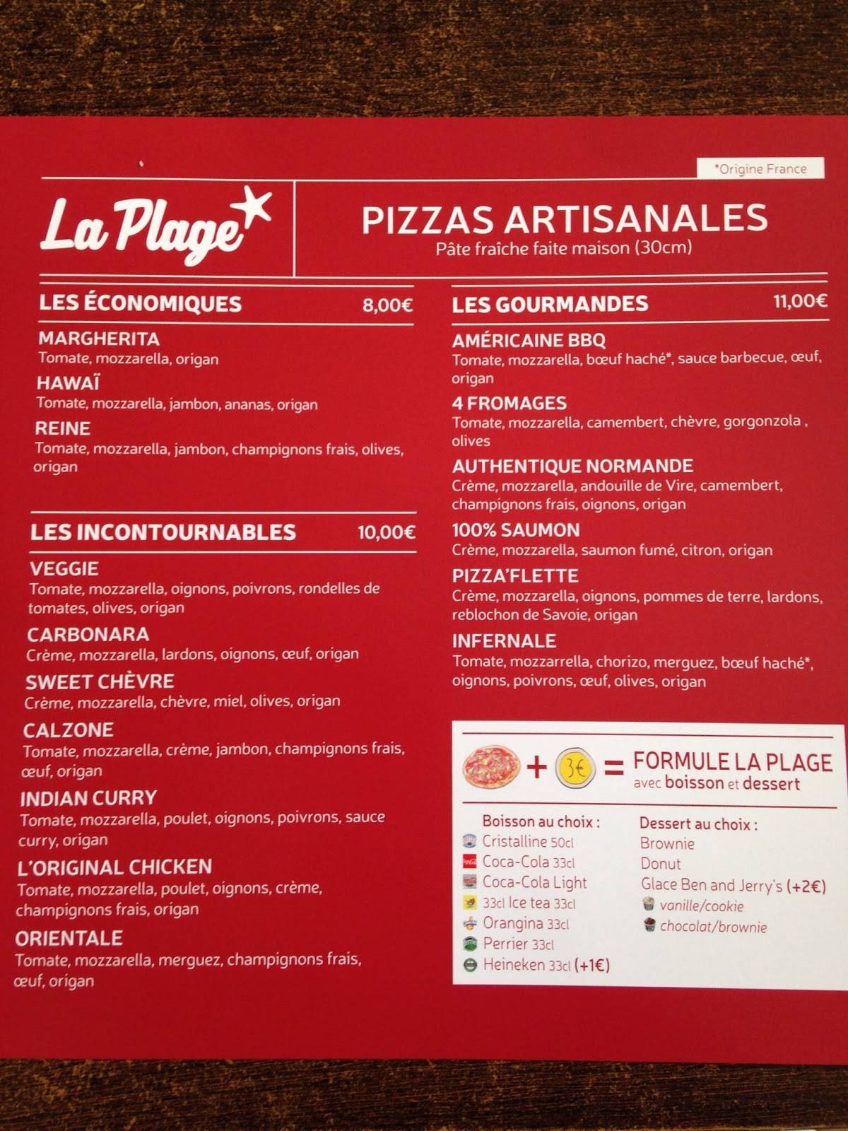 Menu au La Plage pizzeria, Lion-sur-Mer