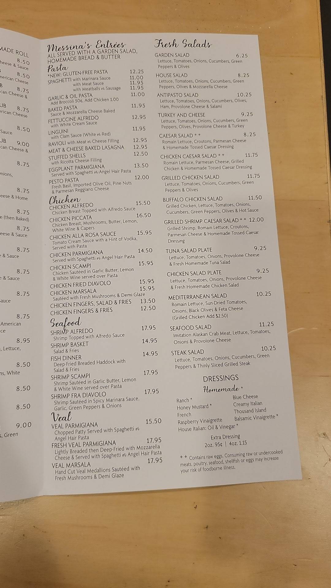 Menu at Messina's Pizza restaurant, Schuylkill Haven