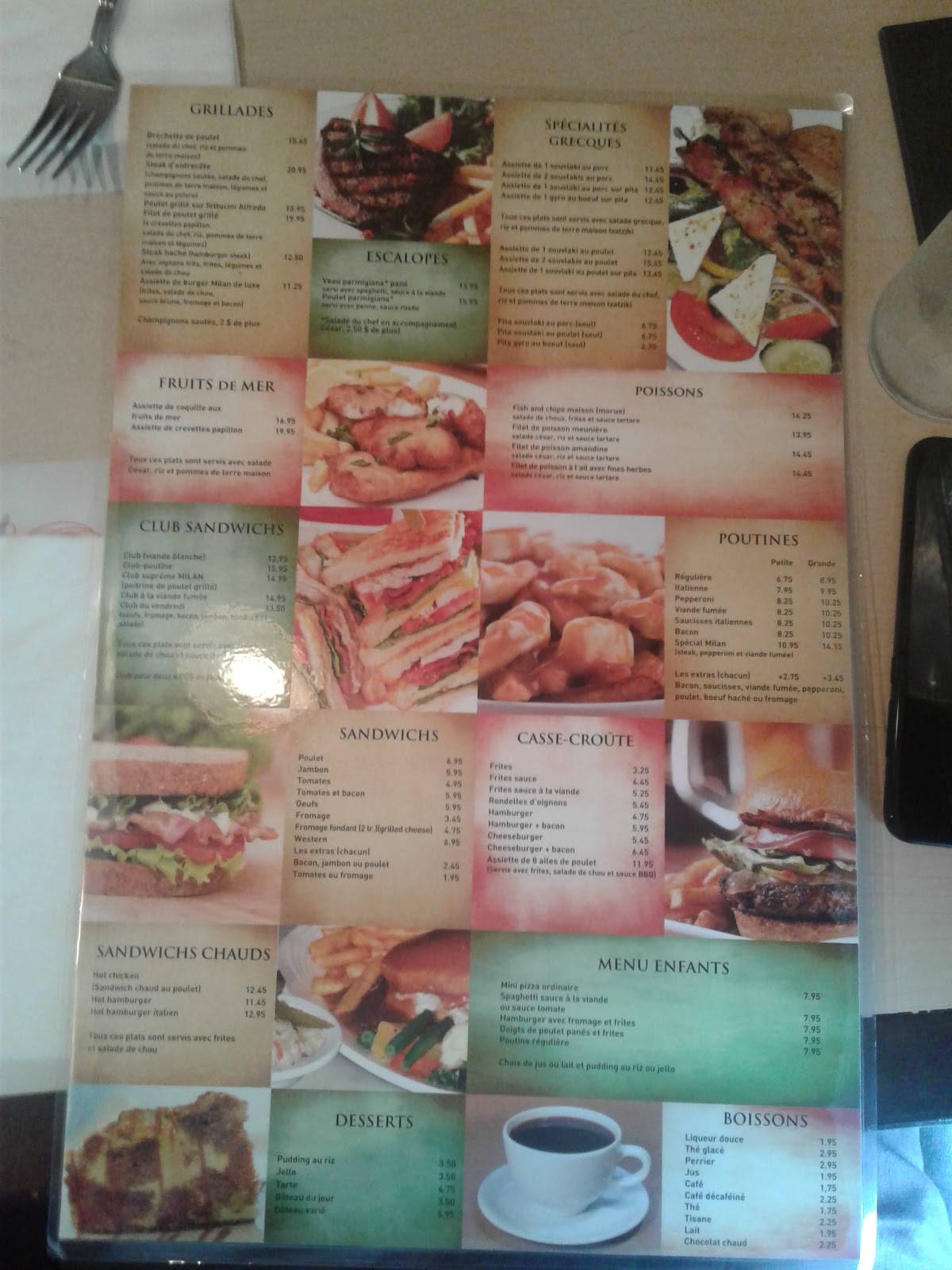 Menu au Milan Pizzeria, Longueuil