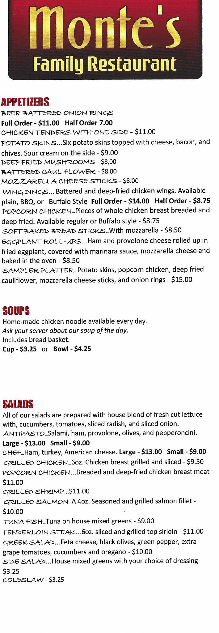 Menu at Monte's Family Restaurant, Harrison