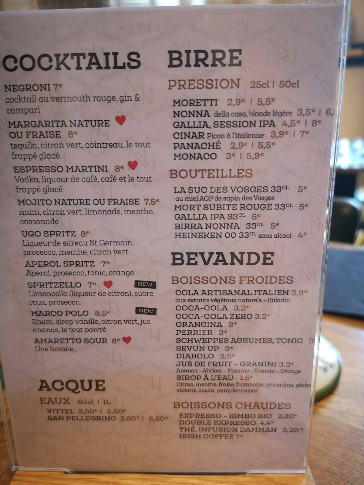 Menu au NONNO EPINAL pizzeria, Épinal