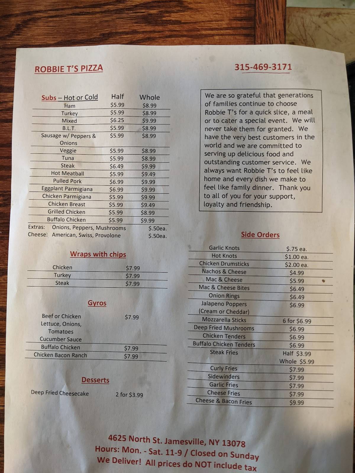 Menu at Robbie T's Pizza pizzeria, Jamesville