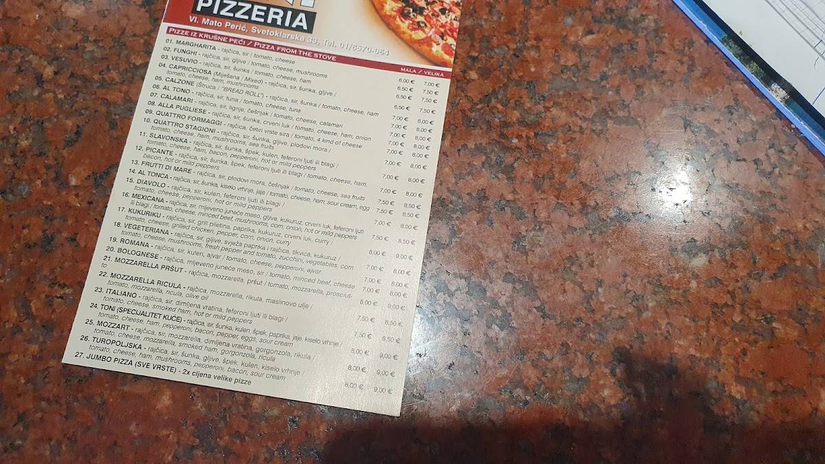 Menu at Pizzeria Toni, Zagreb