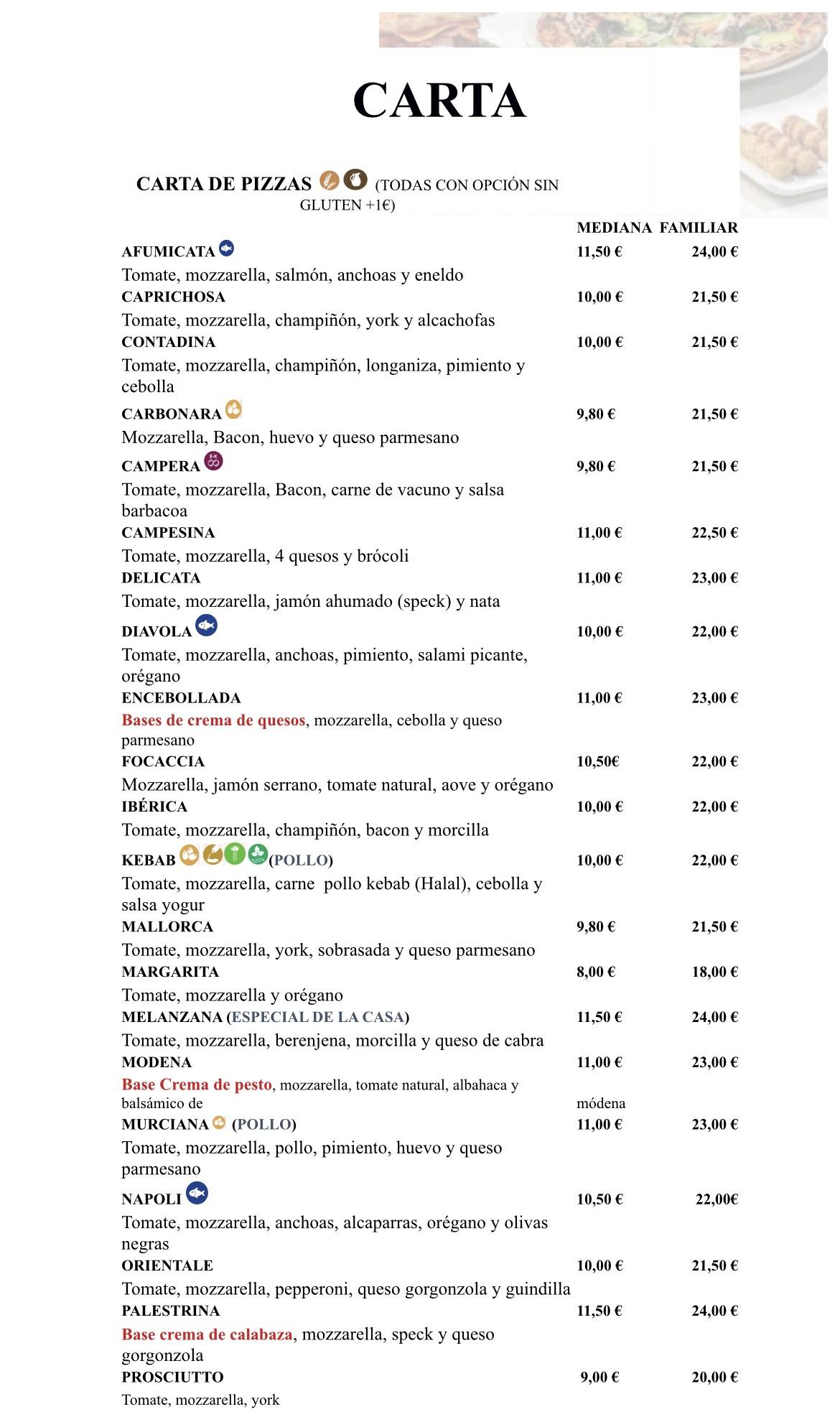 Carta de Pizzería Zafra, Sagunt