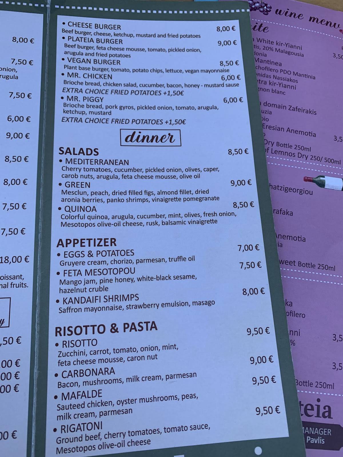 Carta de Plateia All Day Cafe Bar, Petra