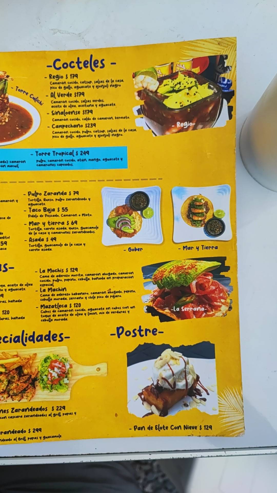 Menu at Playa Culichi restaurant, Guadalupe