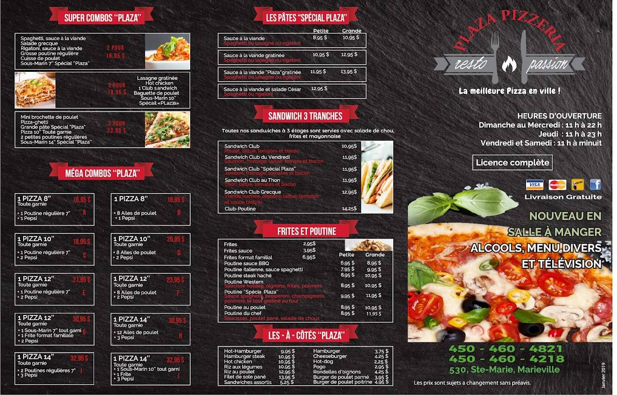 Menu au Plaza Pizzeria, Marieville
