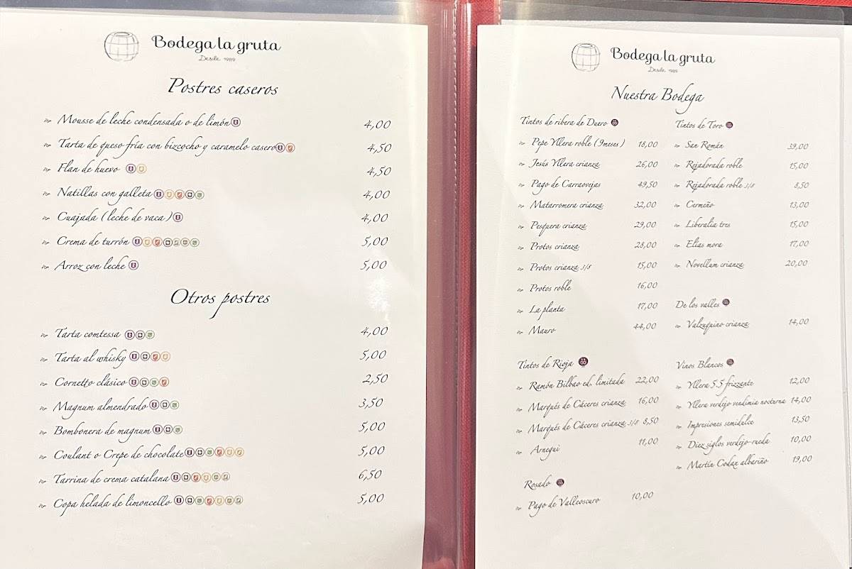 Carta de Bodega La Gruta restaurante, Pobladura del Valle