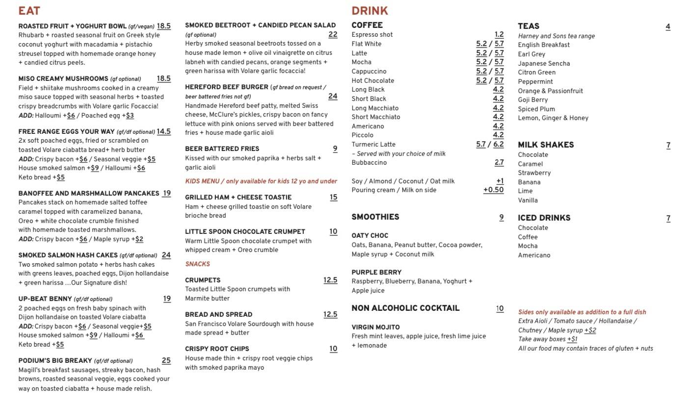 Menu at Podium Cafe, Karapiro