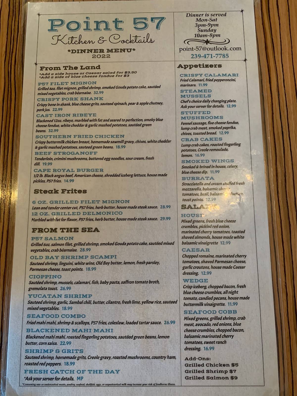 Menu at Point 57 Kitchen & Cocktails restaurant, Cape Coral