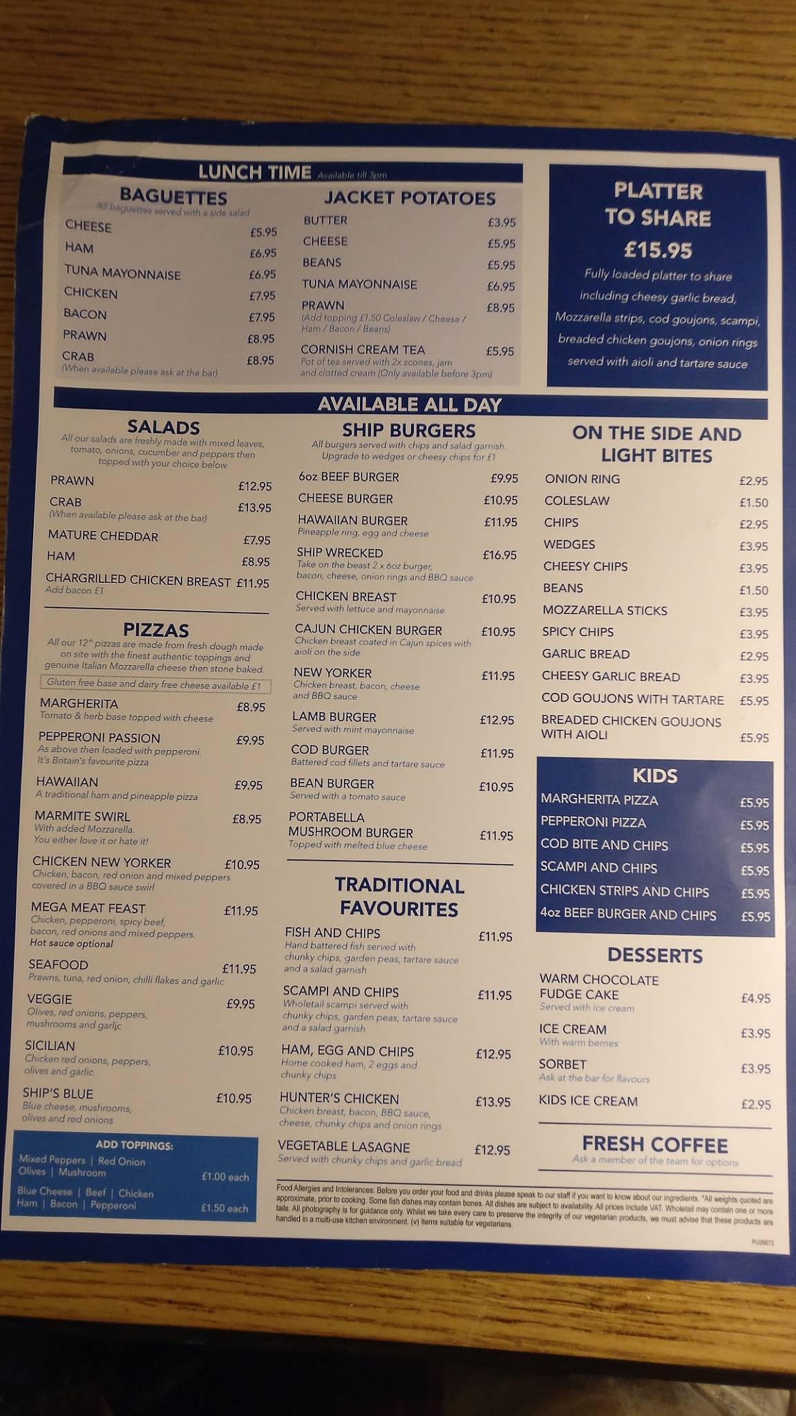 Menu at The Ship Inn pub & bar, Polperro