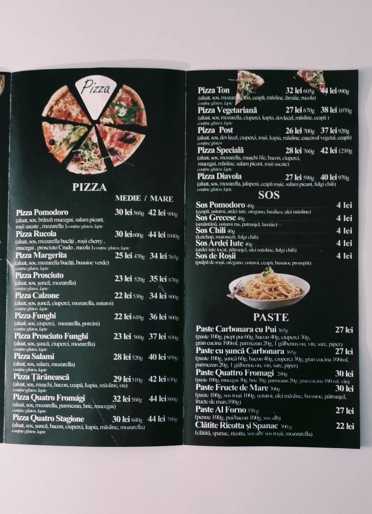 Menu at Pomodoro, Deva
