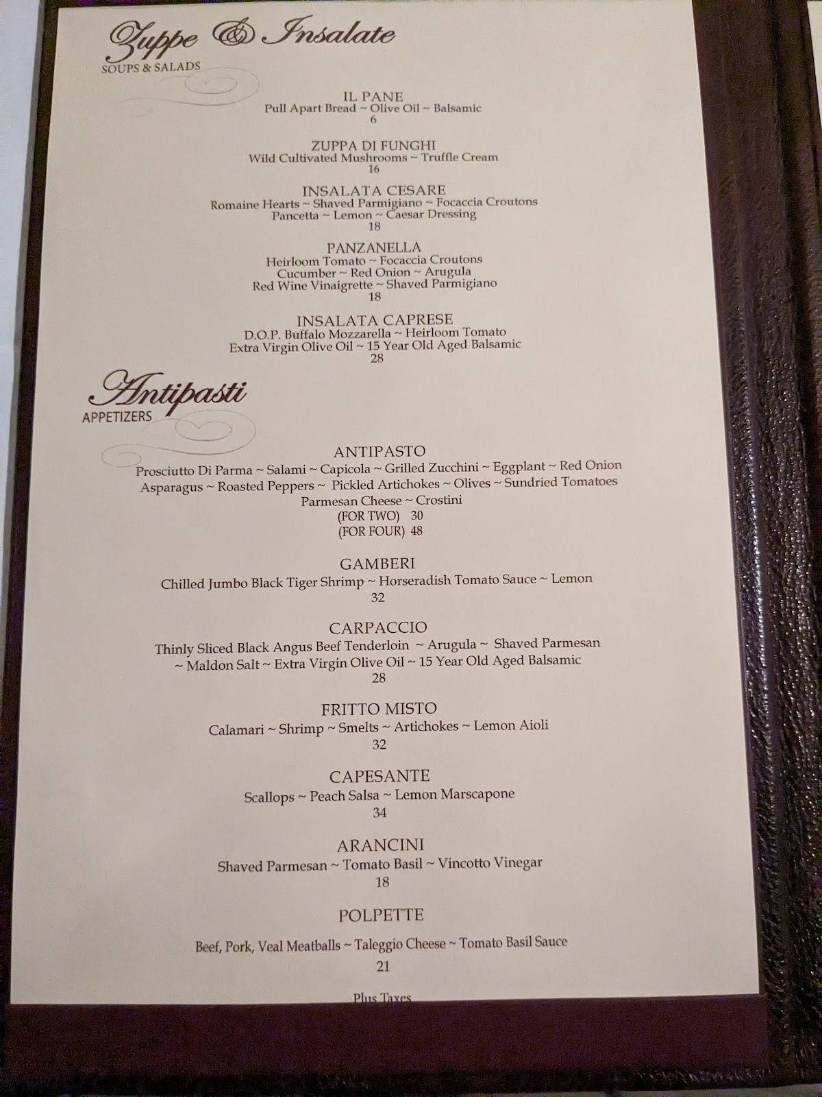 Menu at Ponte Vecchio restaurant, Niagara Falls