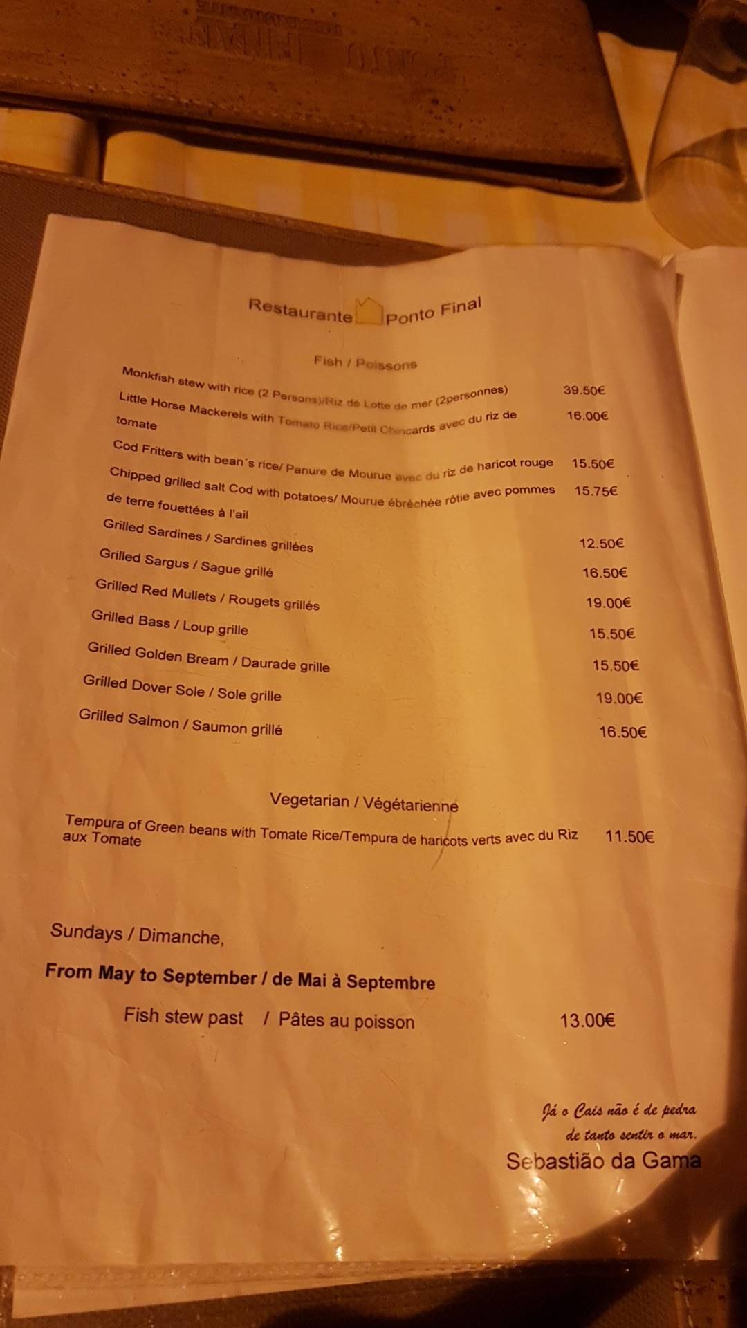Menu at Restaurante Ponto Final, Almada