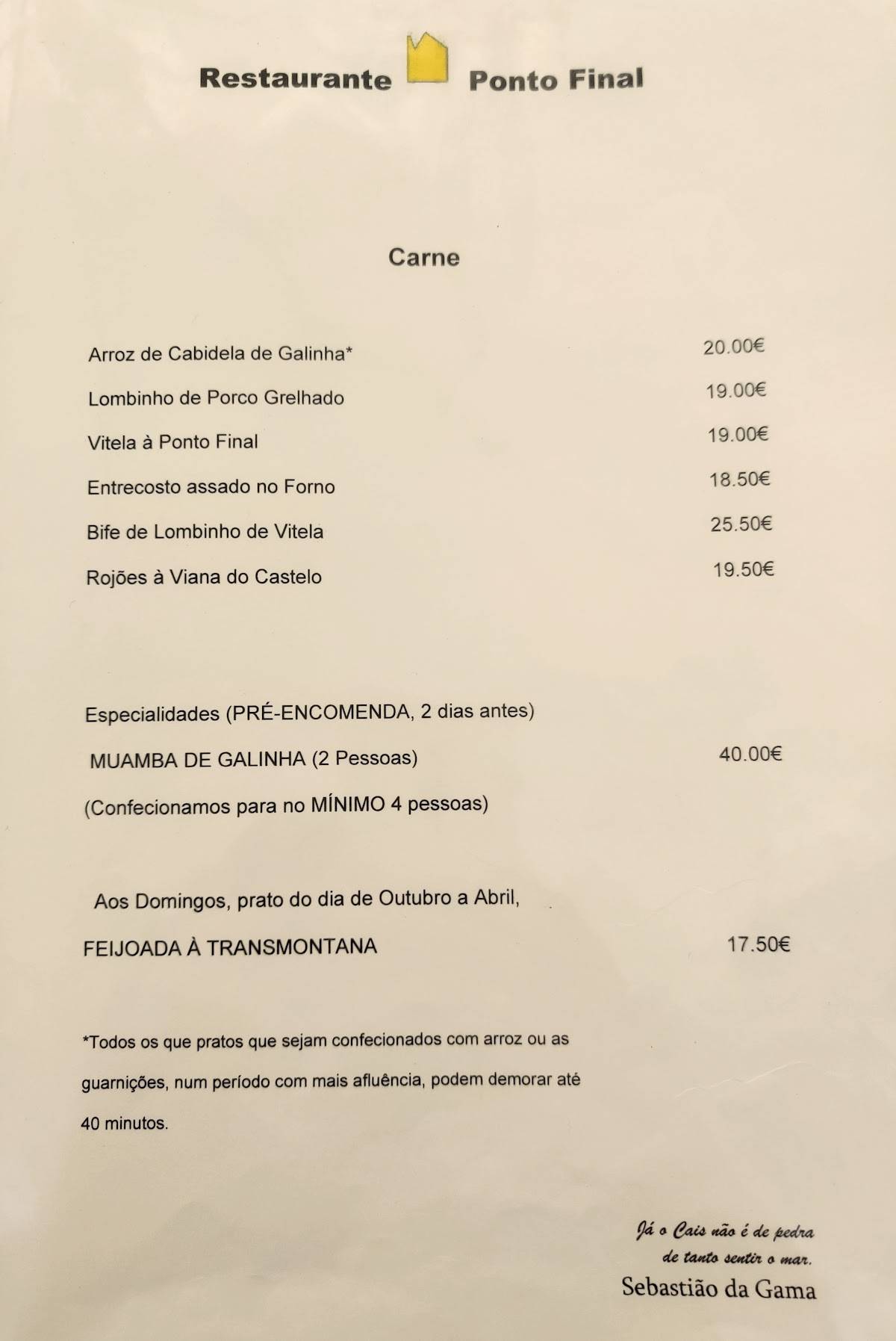 Menu at Restaurante Ponto Final, Almada