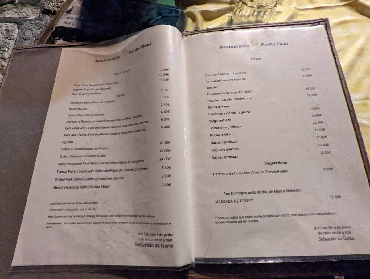 Menu at Restaurante Ponto Final, Almada