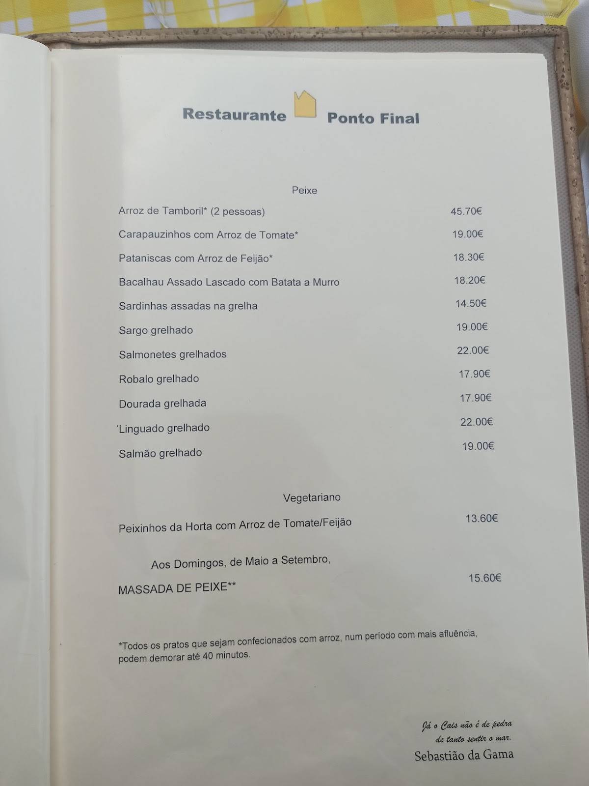 Menu at Restaurante Ponto Final, Almada