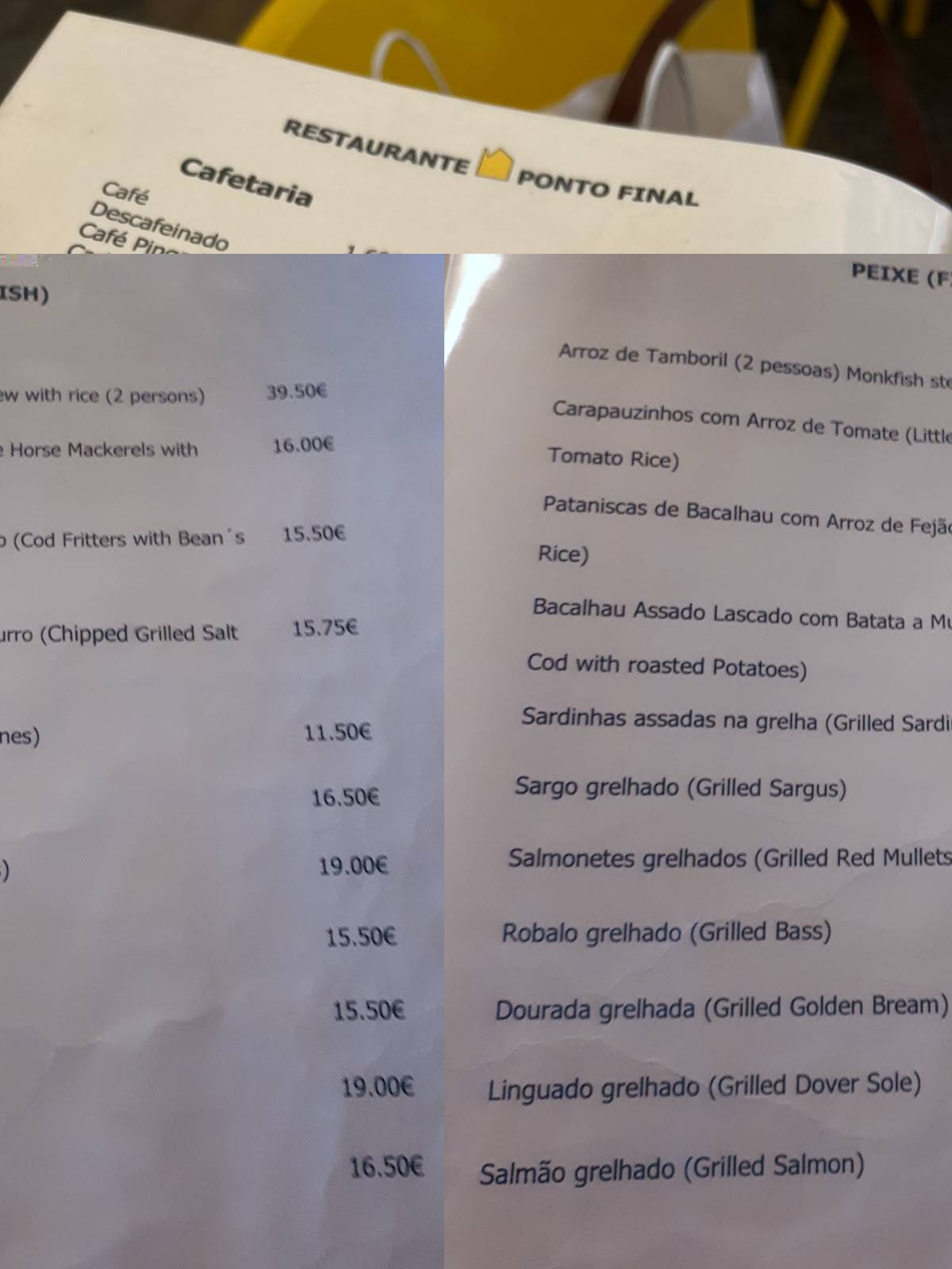 Menu at Restaurante Ponto Final, Almada