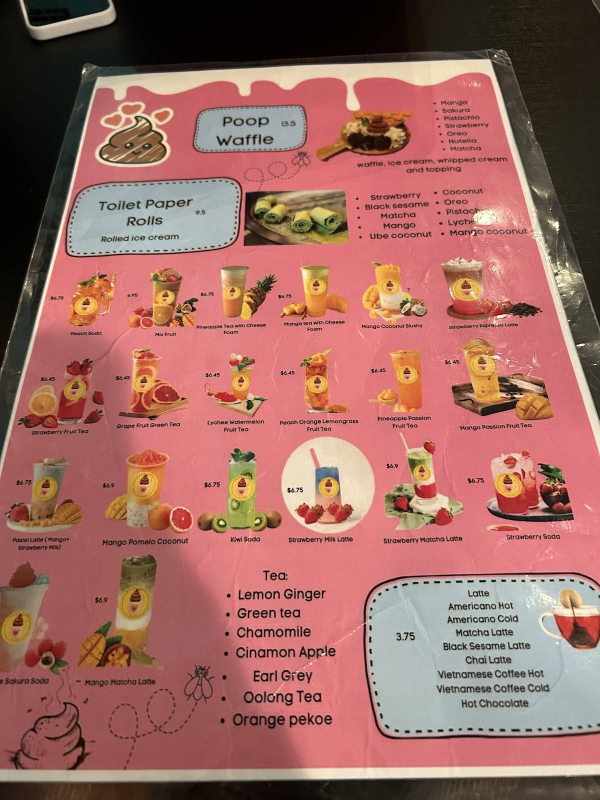 Menu at Poop Café, Toronto