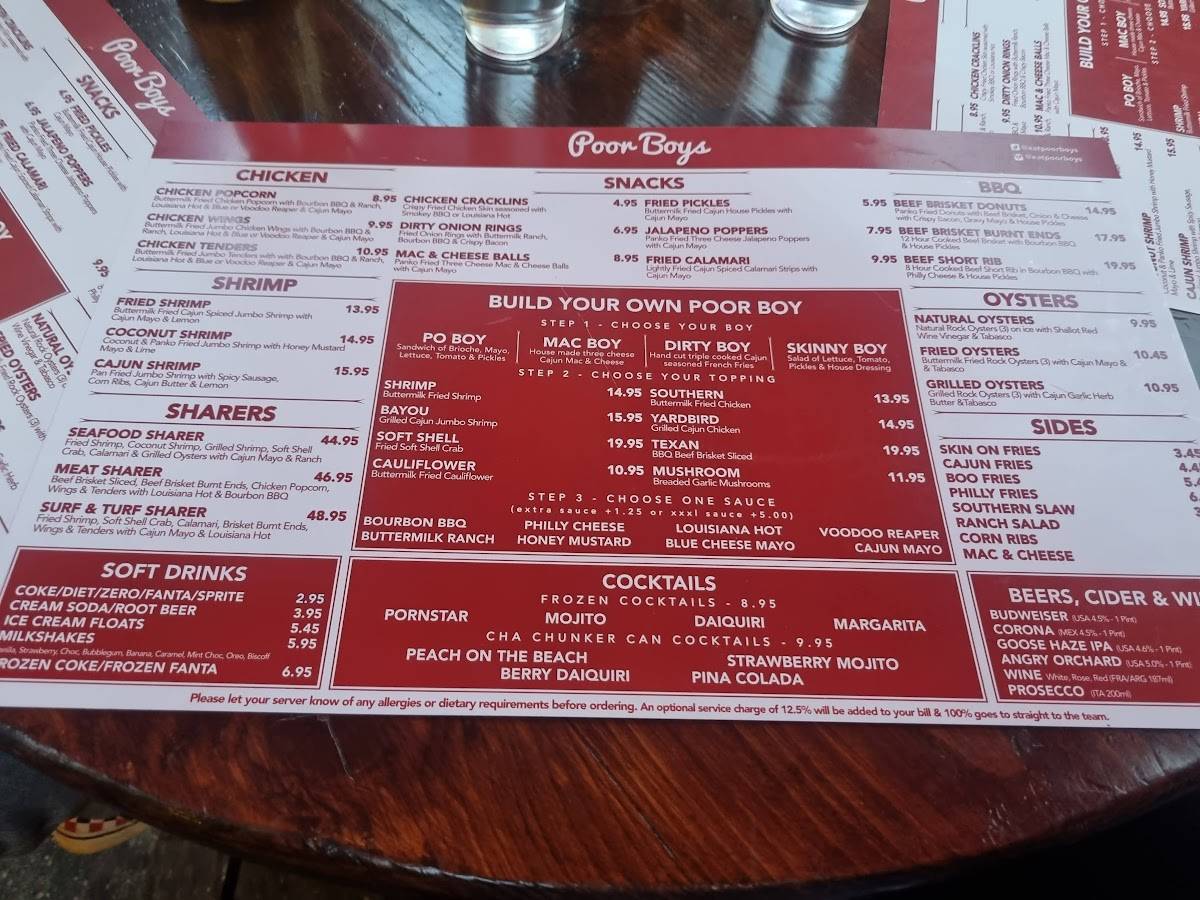 Menu at Poor Boys restaurant, Kingston upon Thames