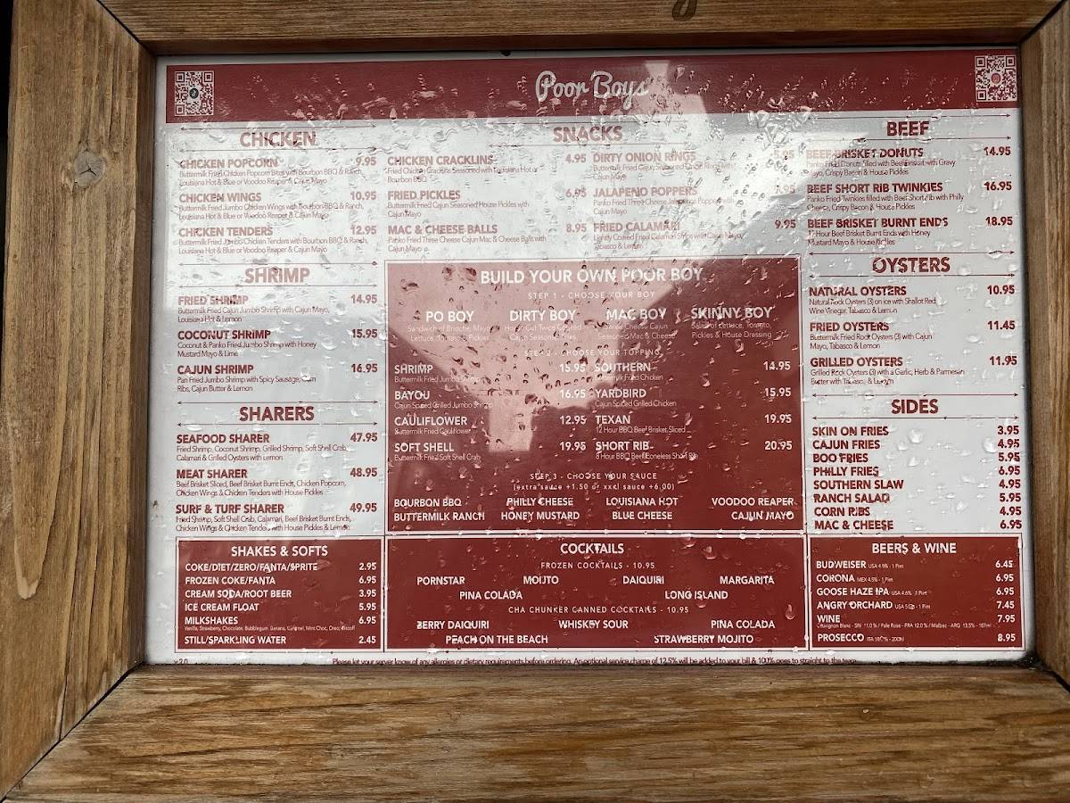 Menu at Poor Boys restaurant, Kingston upon Thames