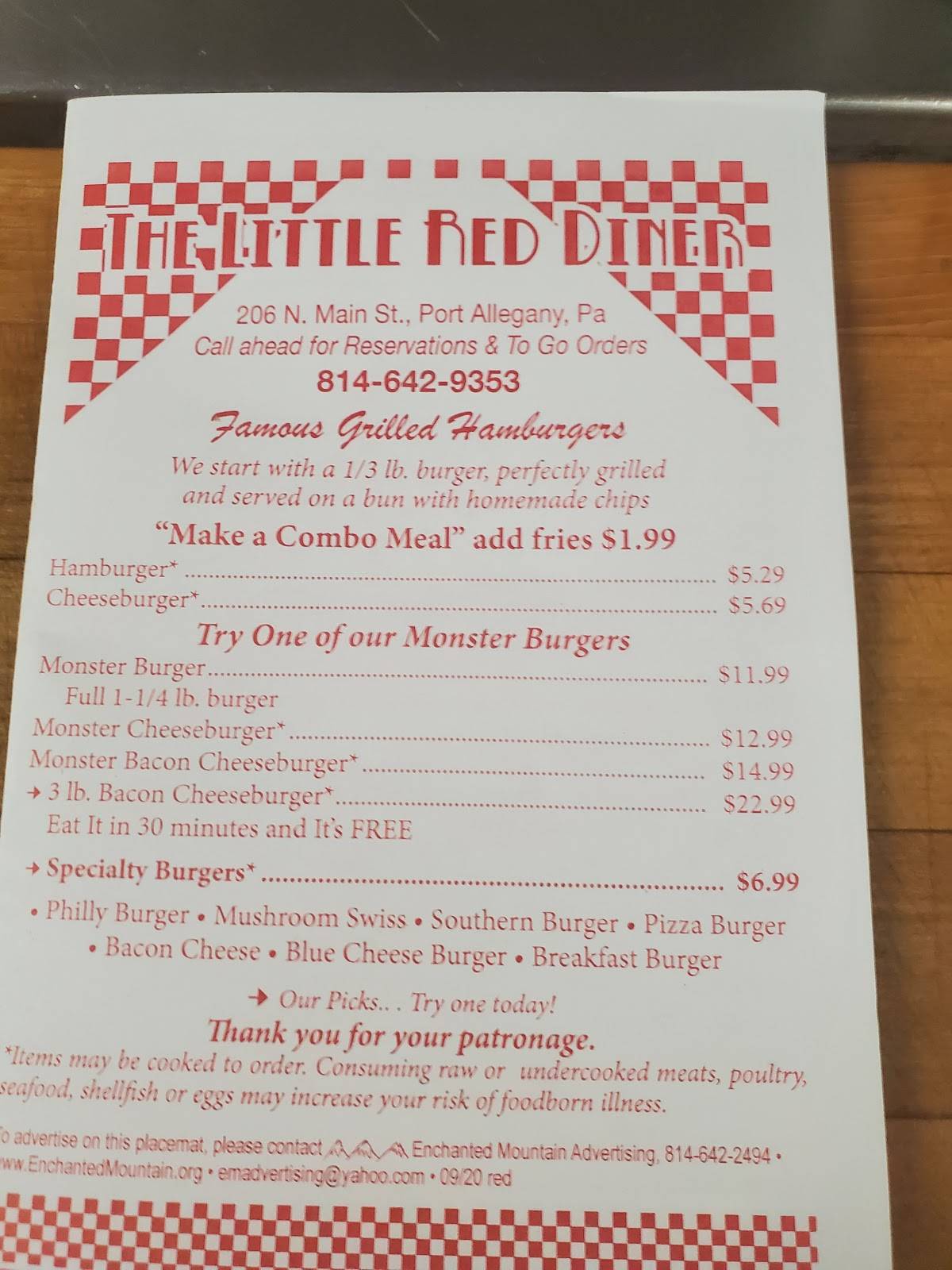 Menu at The Little Red Diner restaurant, Port Allegany
