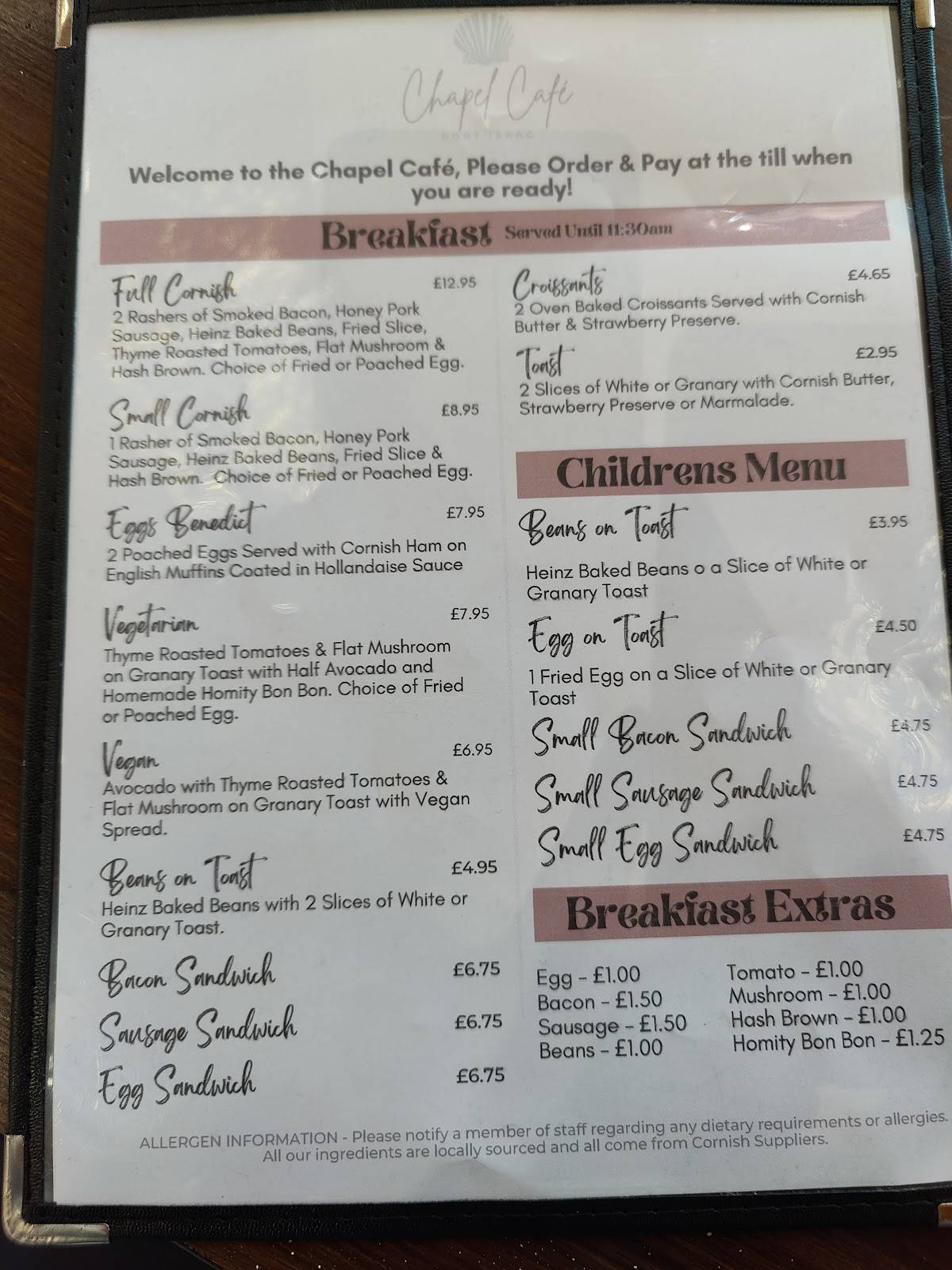 Menu at The Chapel cafe, Port Isaac