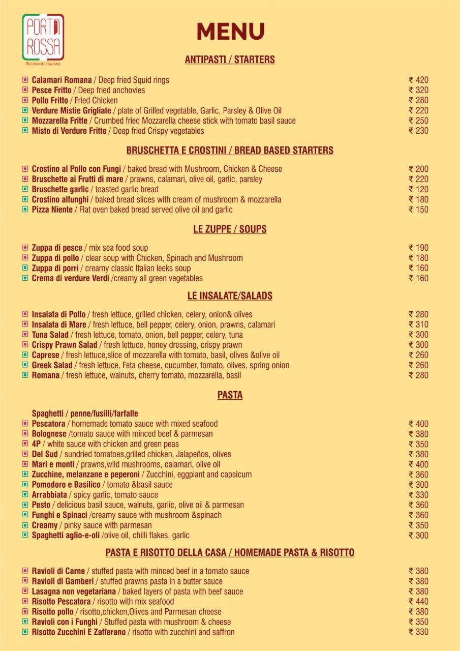 Menu at Porta Rossa, Kochi