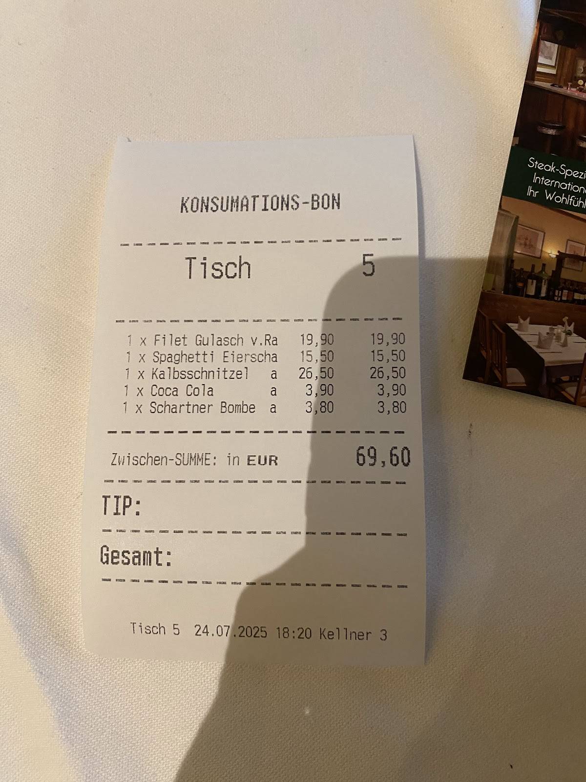 Menu at Porterhouse steakhouse, Vienna