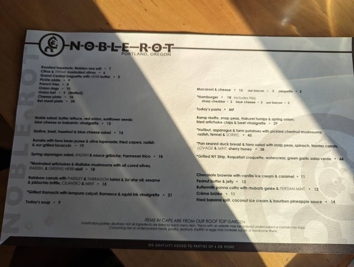Carta del pub y bar Noble Rot, Portland, E Burnside St Fourth Floor