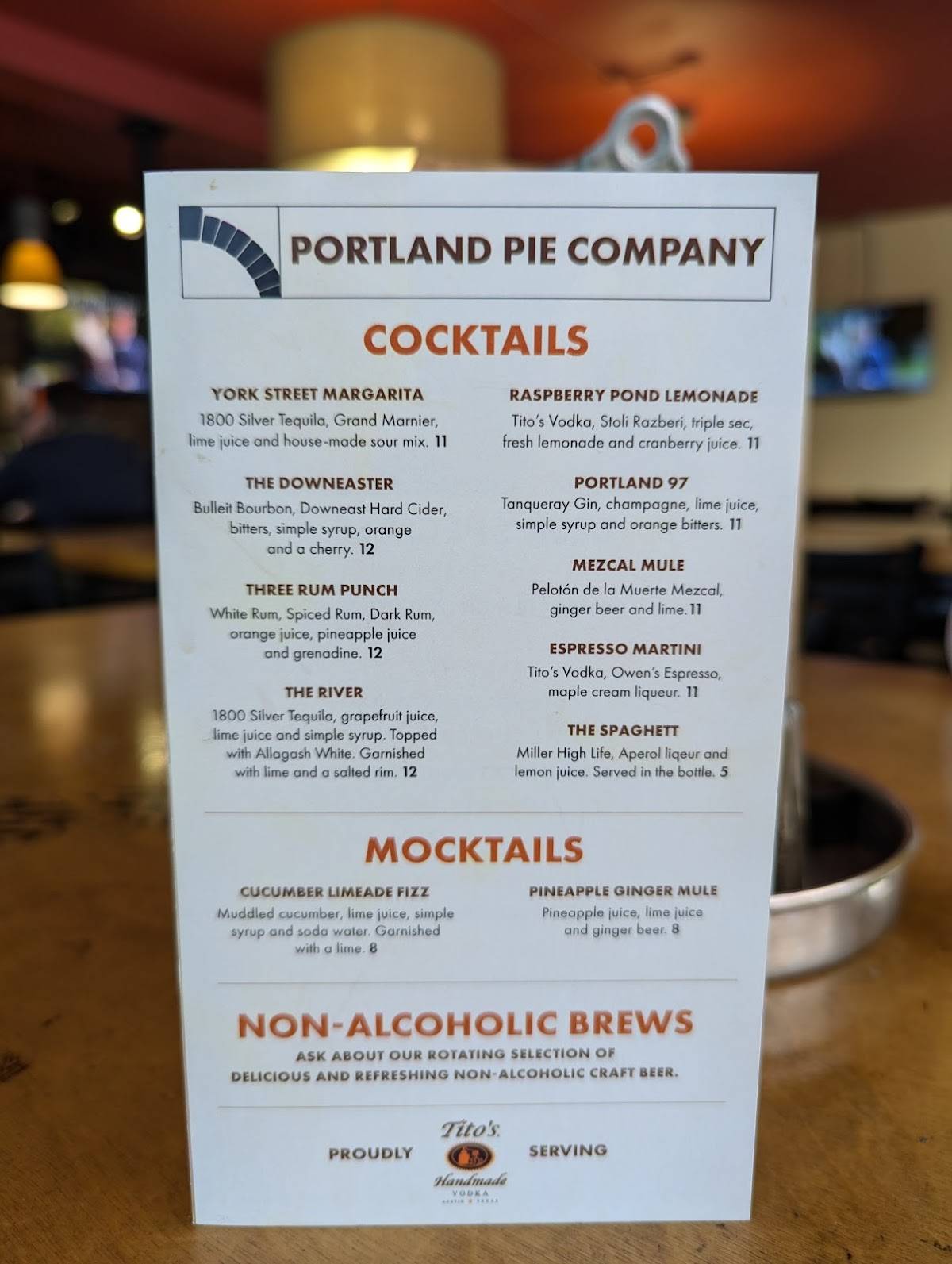 Menu at Portland Pie Company pizzeria, Portland, 51 York St