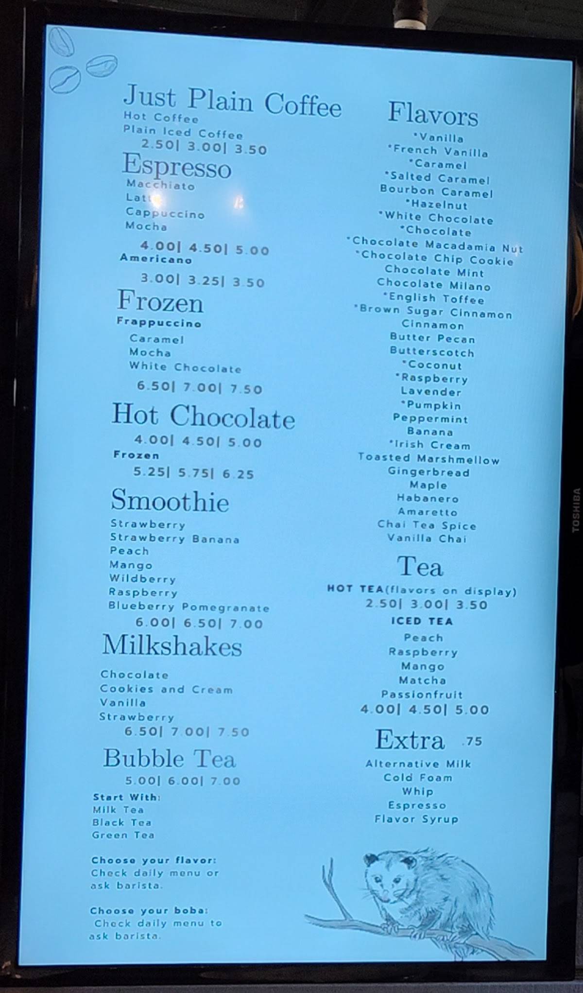 Menu at Possum's Coffee Shack, Little Mountain
