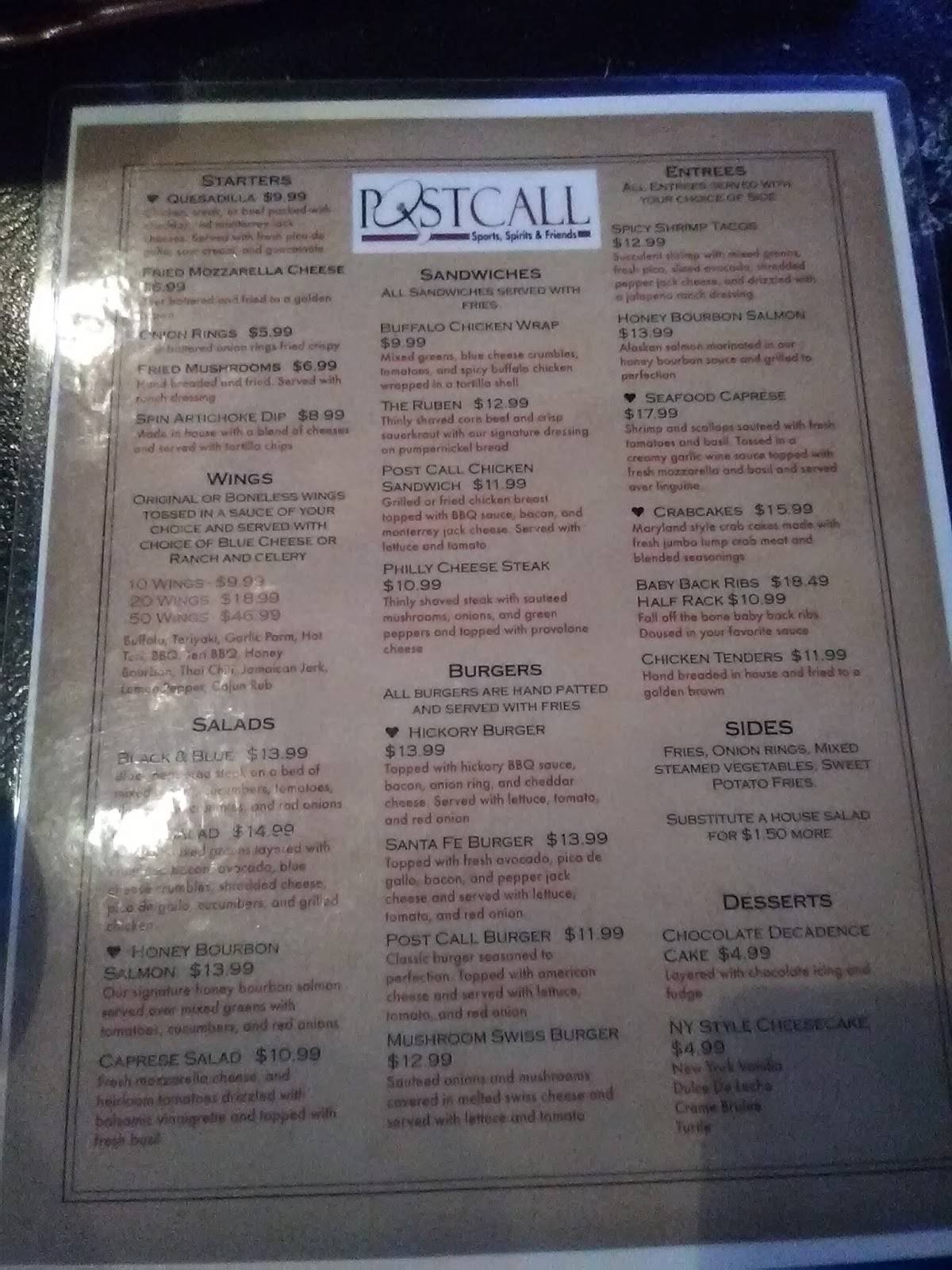 Menu at Post Call at Lake Carolina pub & bar, Columbia, 5 Vendue Ln #160
