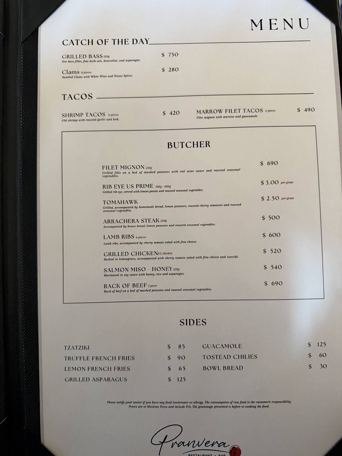 Carta de parrilla Pranvera Ensenada, Ensenada, AV.Gral. Jose de Jesus Clark 198 colonia ...