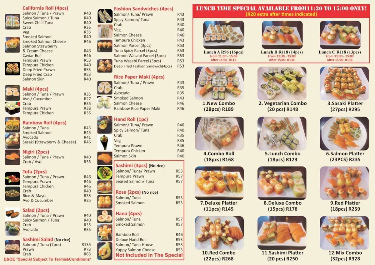 Menu at Sasaki Sushi restaurant, Pretoria, Atterbury Rd