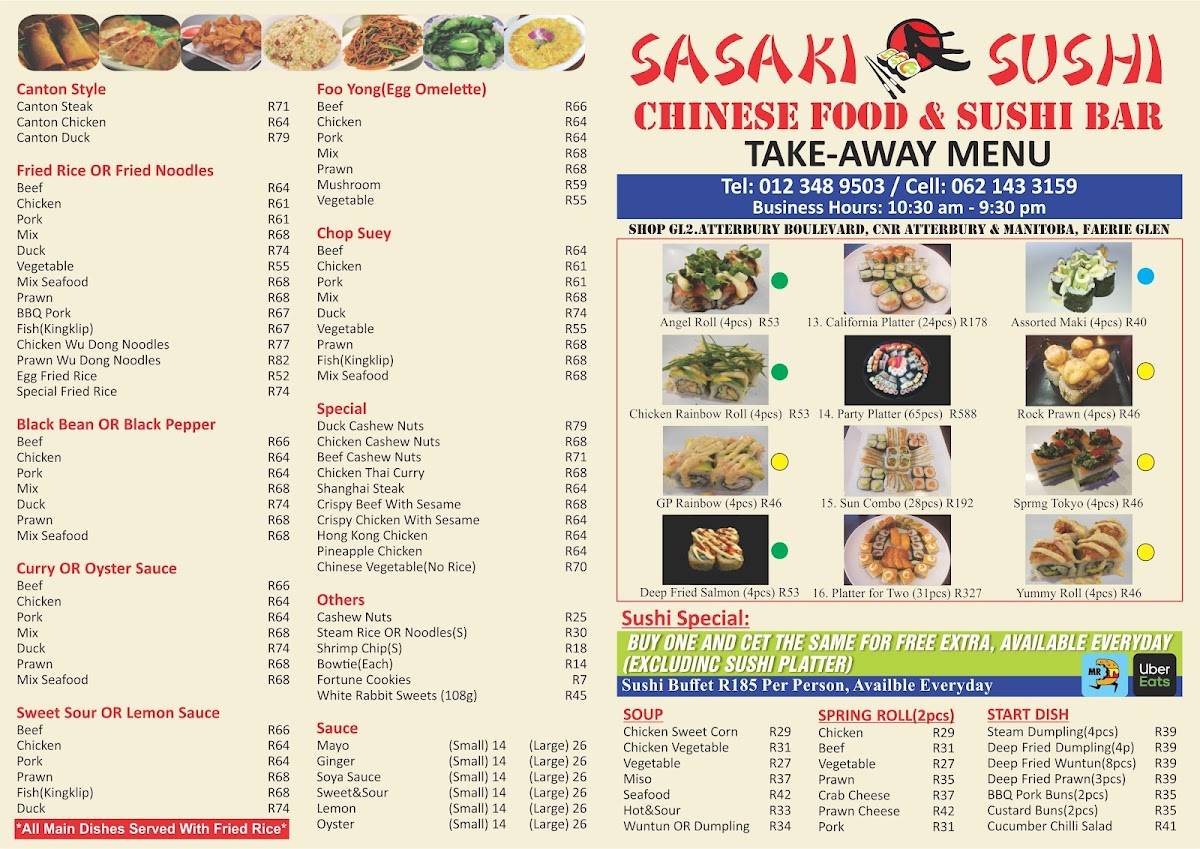 Menu at Sasaki Sushi restaurant, Pretoria, Atterbury Rd