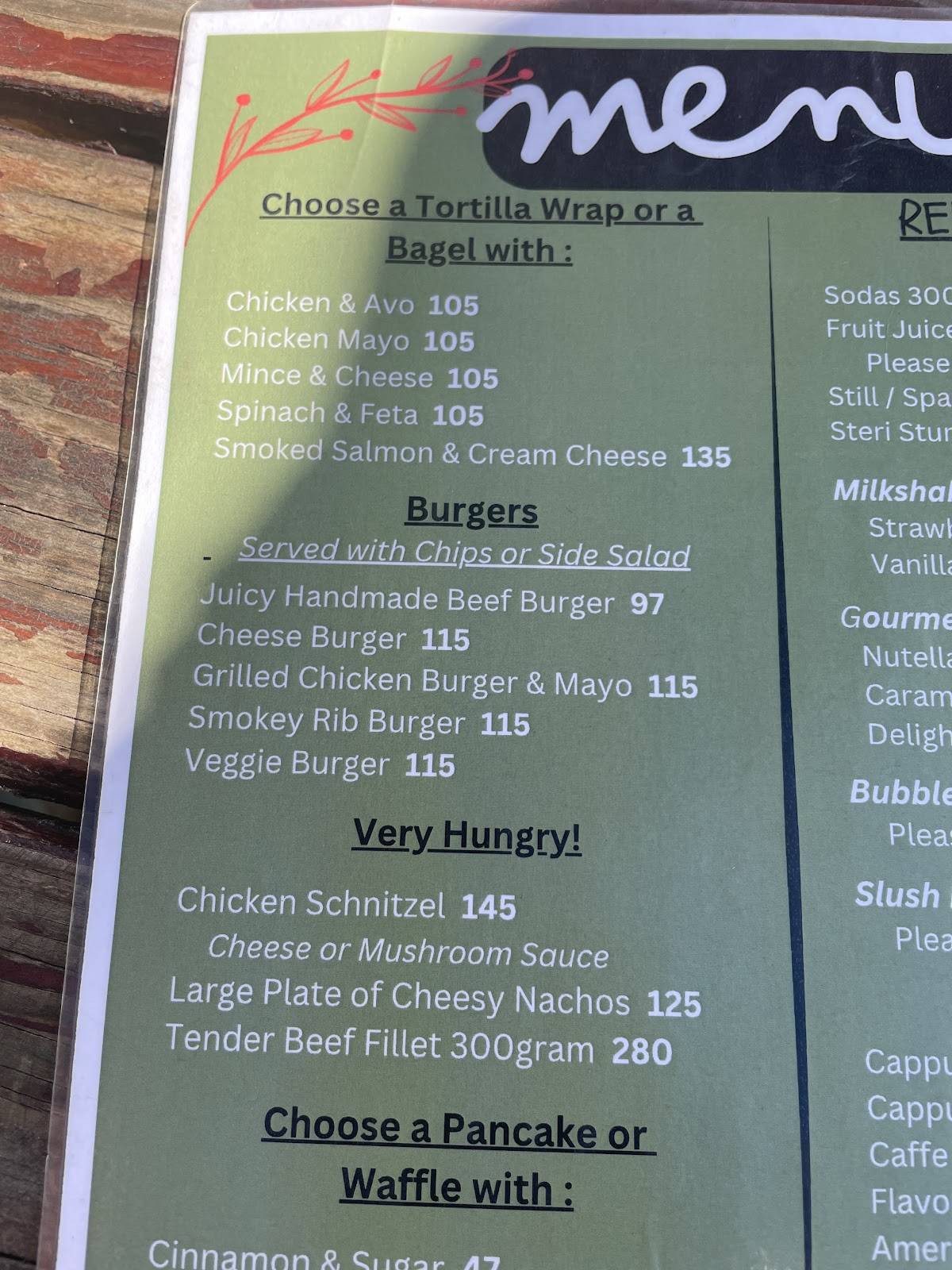 Menu bij Wild Route Café, Pretoria